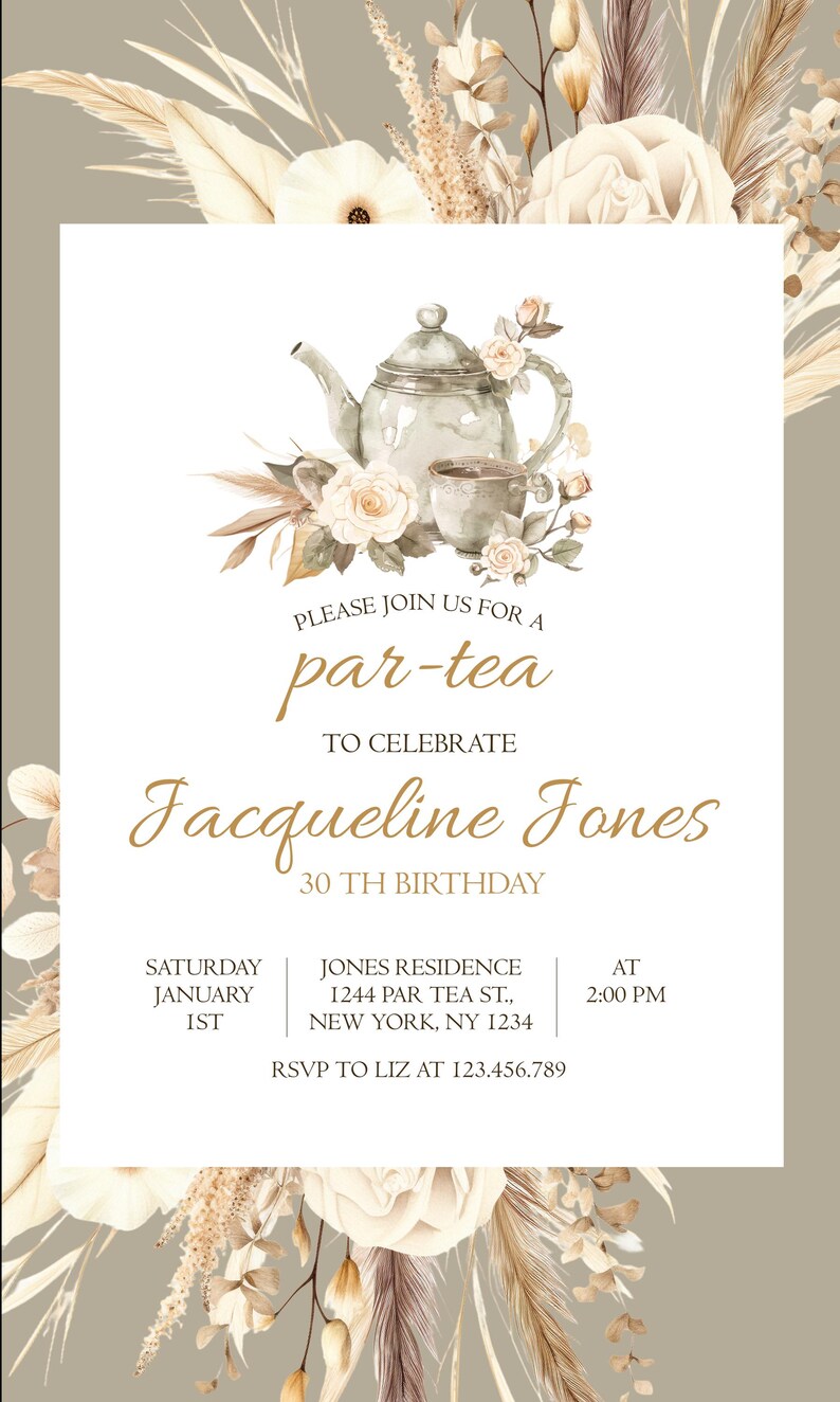 Tea Party Invitation Digital Flyer | Printable Boho Tea Party Invite ...