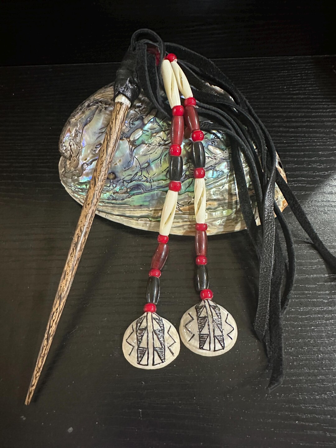 Native American Style Wooden Hair Stick Made With Leather and Incised ...