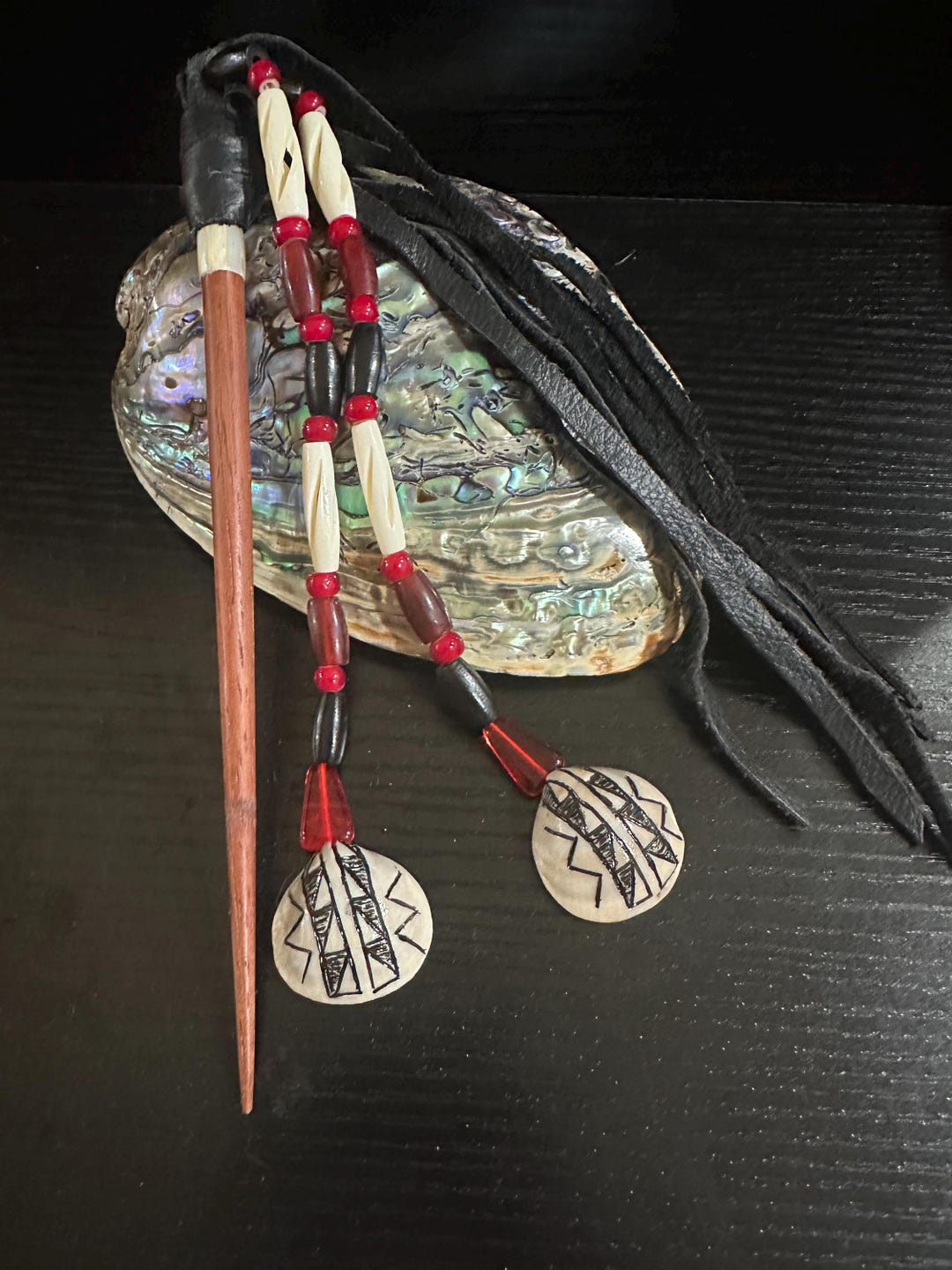Native American Style Wooden Hair Stick Made With Leather and Incised ...