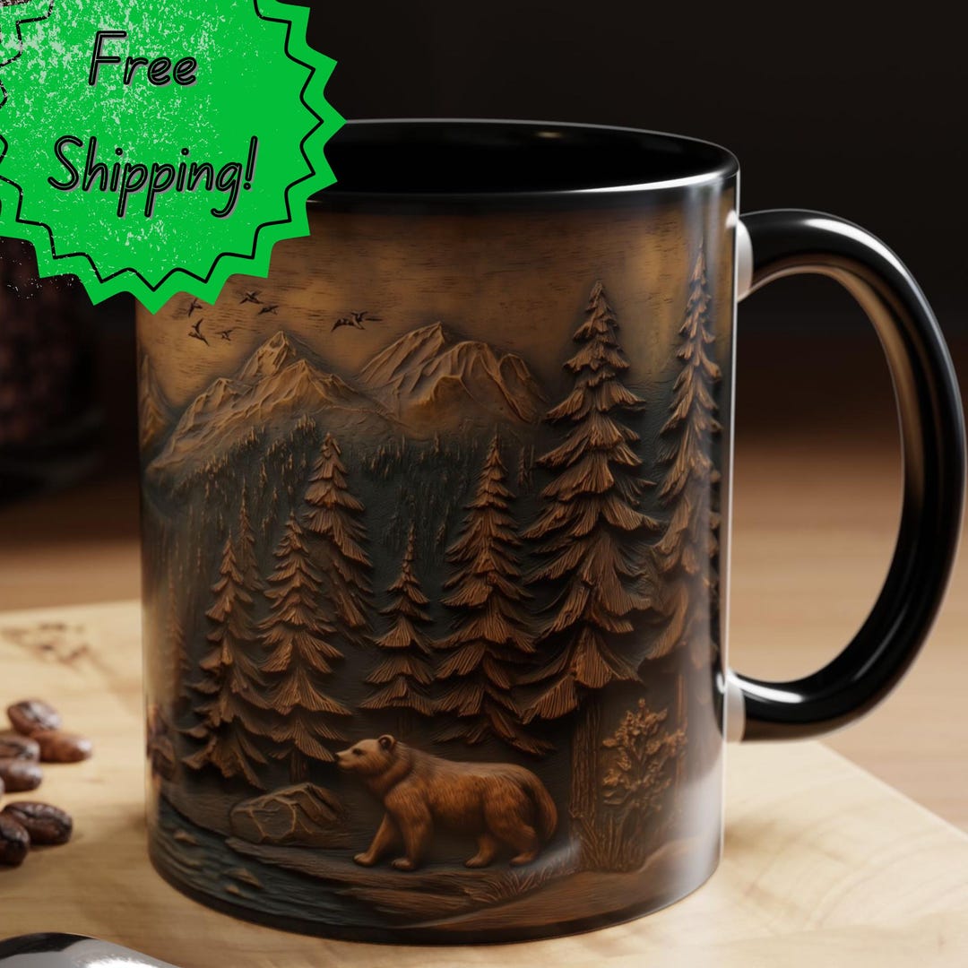 3D Woodland Forest Art Mug, Realistic Mountain Mug, Bear Mug, Wildlife ...