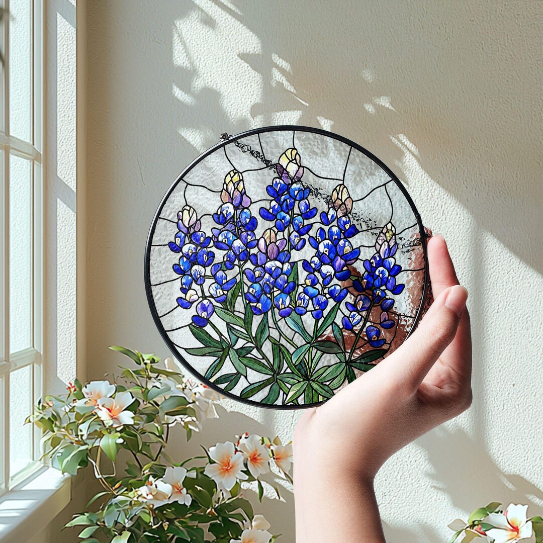 Bluebonnet Flower Stained Glass Suncatcher, Wildflowers Window Hanging ...