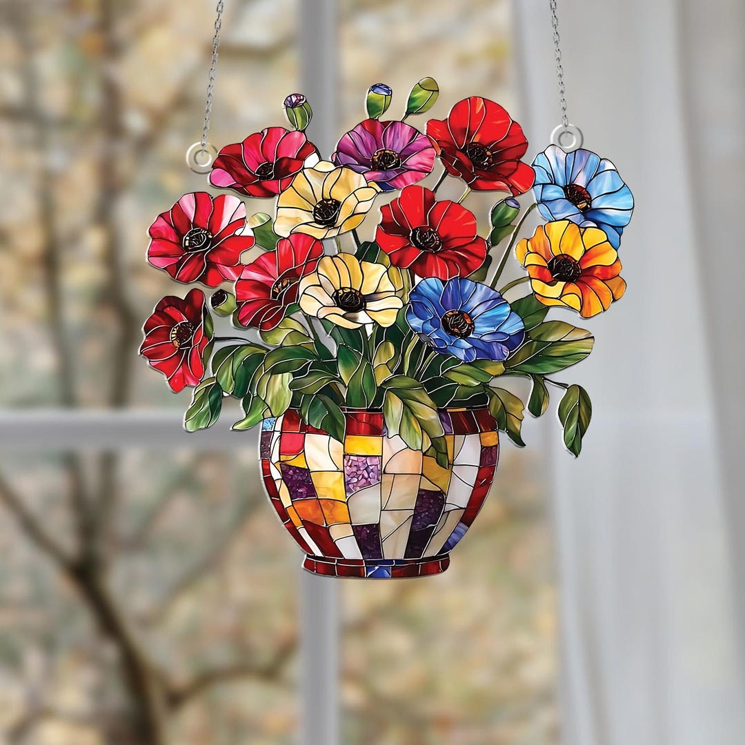 Poppy Window Hanging, August Birth Flower Gift for Mother, Stained ...