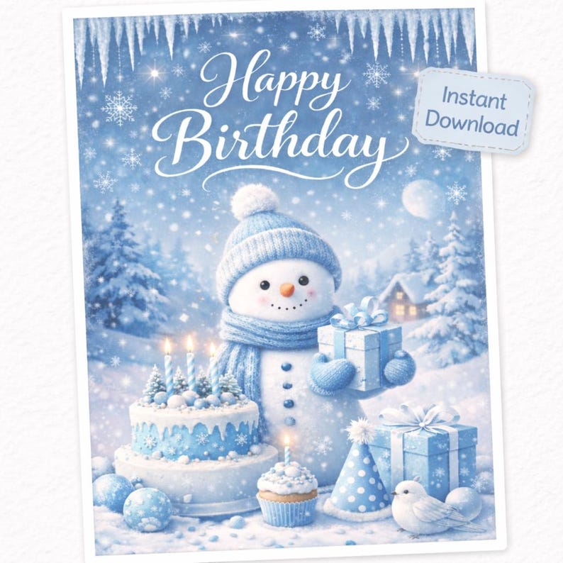 Winter Birthday Card Printable | Cute Snowman Birthday Card | Snowy ...
