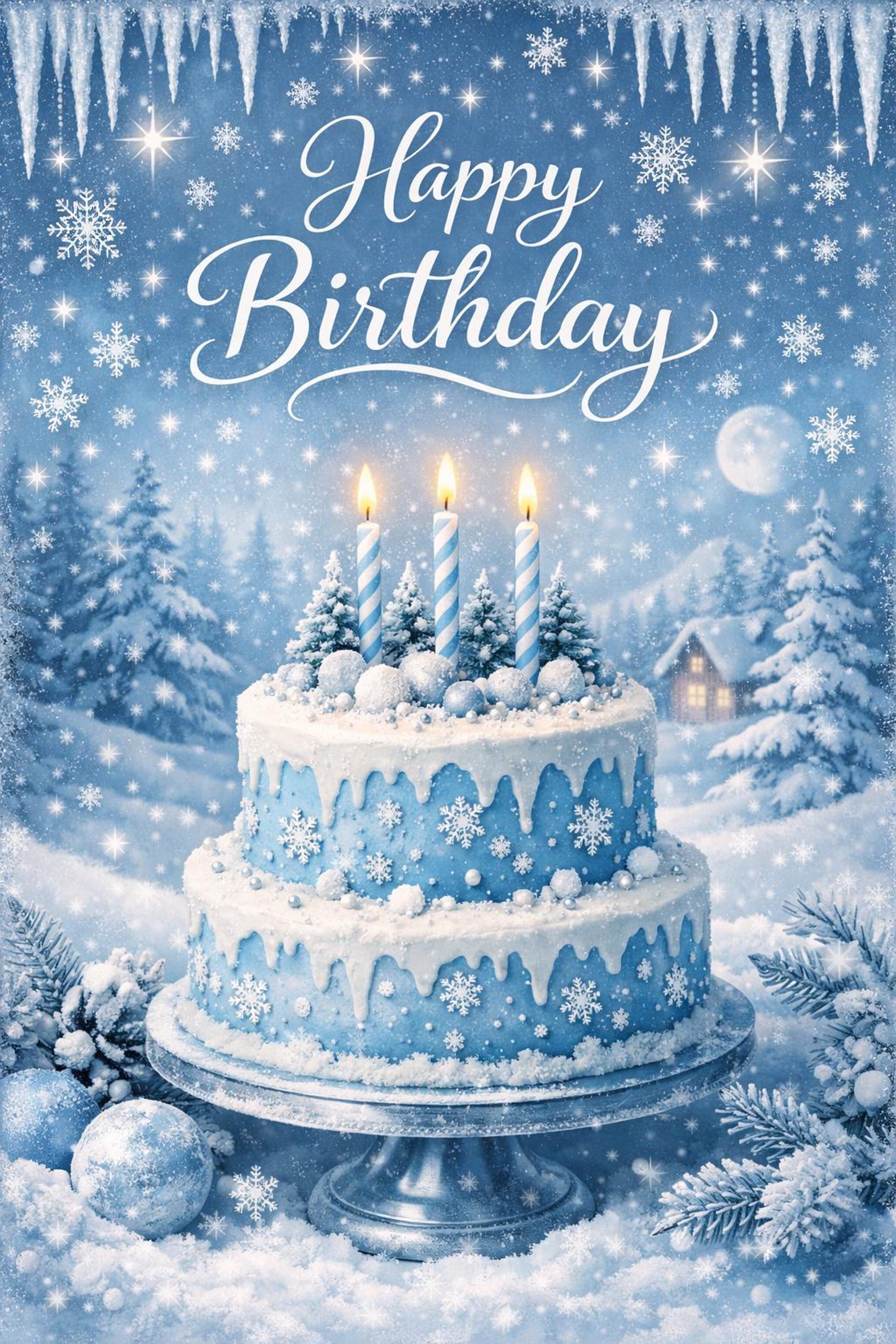 Winter Birthday Card Printable | Blue Snowy Birthday Cake | Cozy Winter ...
