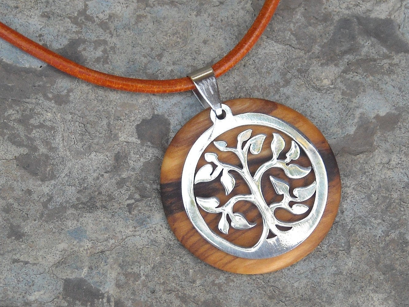 Necklace olive wood Tree of Life pendant leather stainless | Etsy