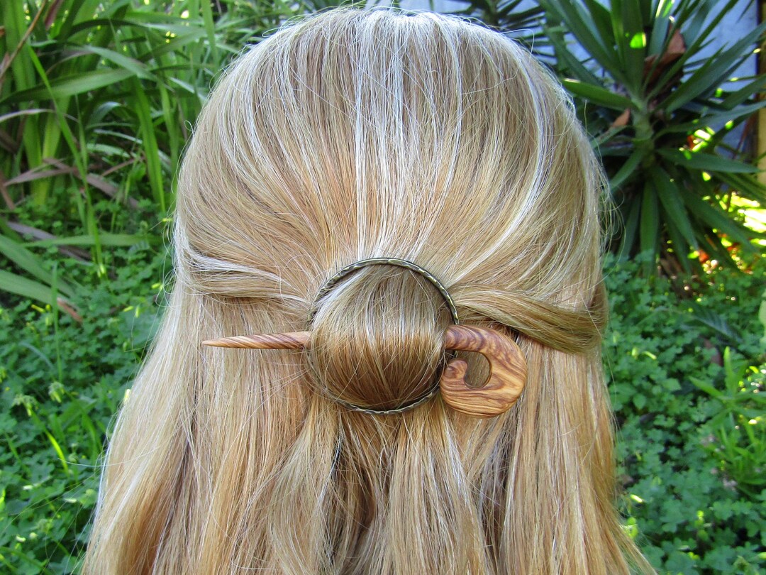 Hairpin Spiral Olive Wood Circle Ring Swirl Hairfork Shawl Pin Bun Hair ...