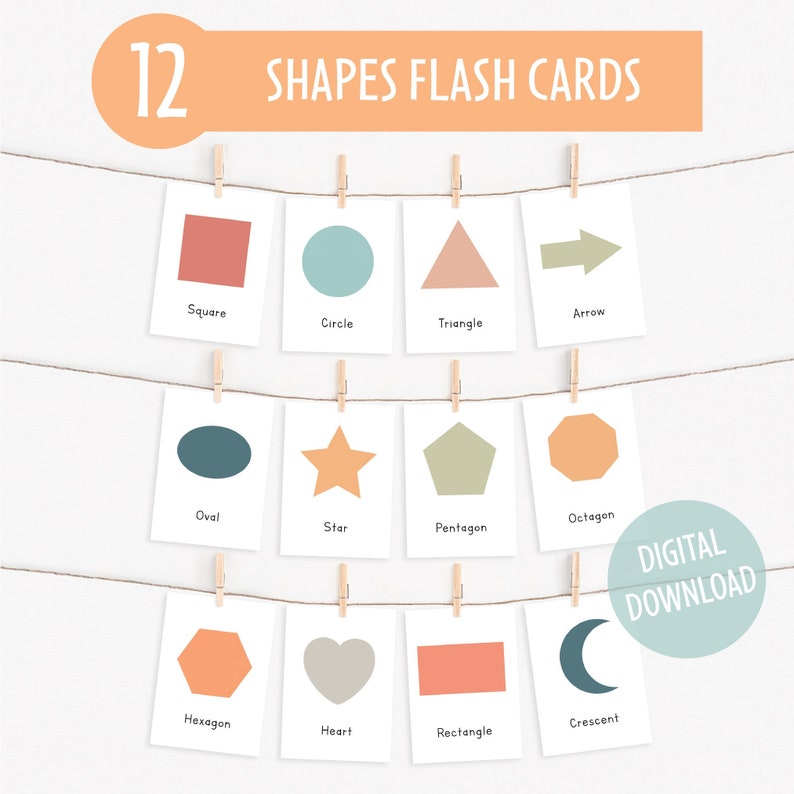 Montessori Shape Flashcards | Set of 12 Printable Geometric Shape Flash ...