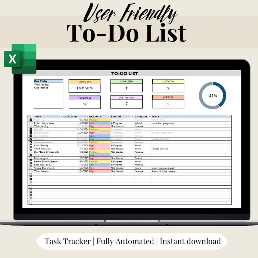 To-do List Template With Task Tracker | Digital Excel Spreadsheet ...