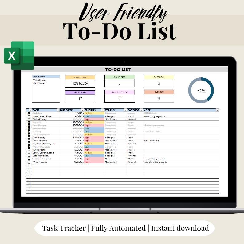 To-do List Template With Task Tracker | Digital Excel Spreadsheet ...