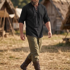 Black Viking Linen Shirt Men — Medieval Lace up Long Sleeve Top Norse ...
