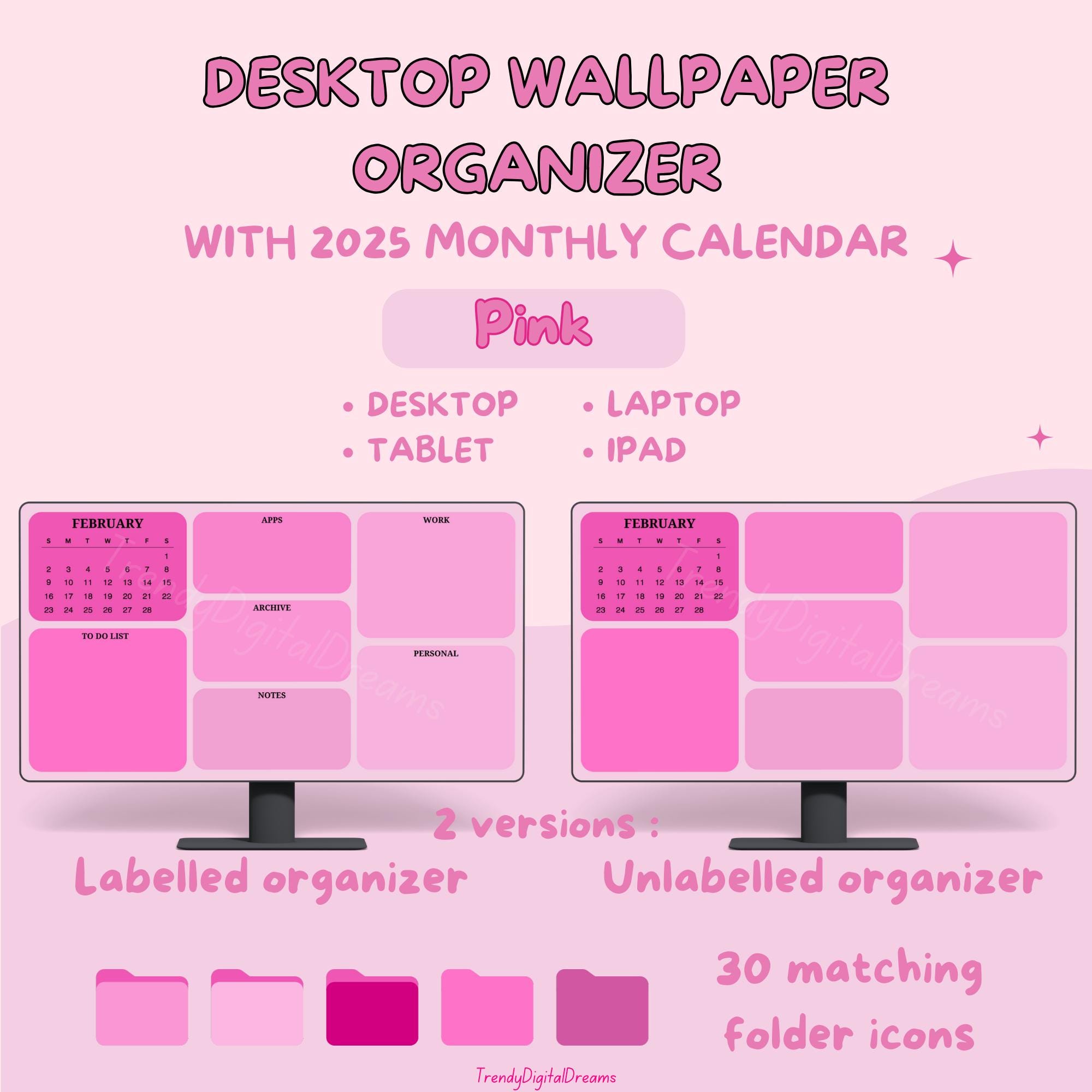 2025 Monthly Calendar ~ Pink Desktop Wallpaper Organizer Set With 30 ...