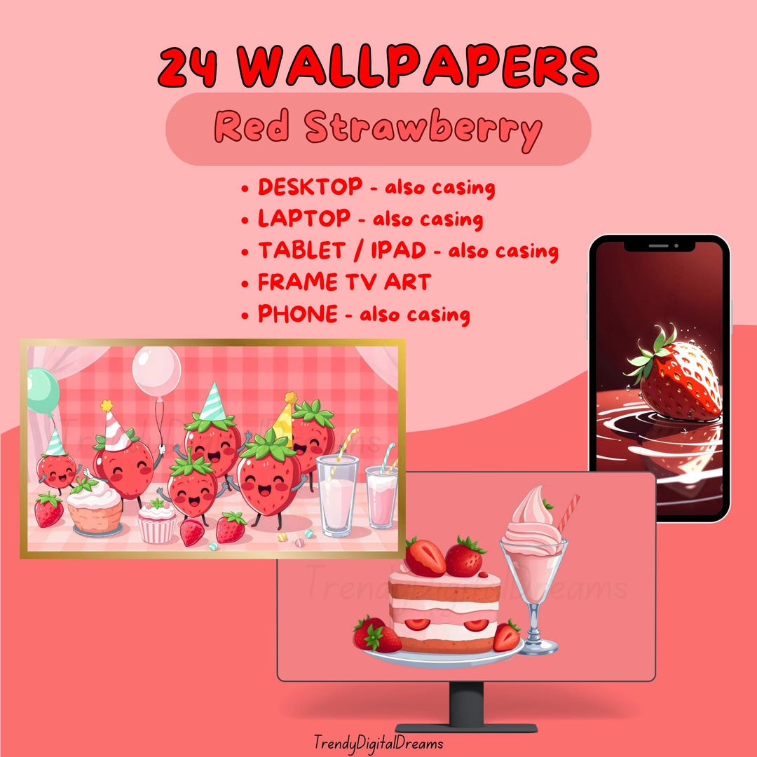 Kawaii Red Strawberry Desktop & Phone Wallpaper Bundle, Cute Tablet and ...