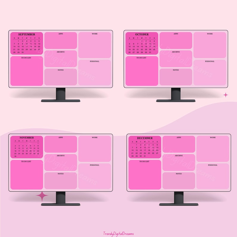 2025 Monthly Calendar ~ Pink Desktop Wallpaper Organizer Set With 30 ...