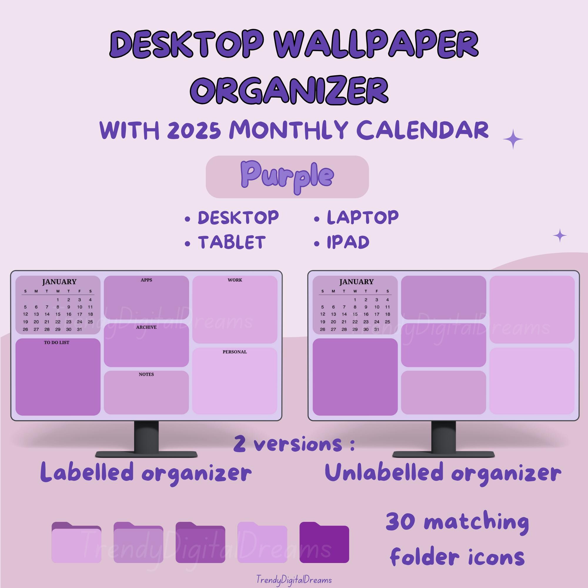 2025 Monthly Calendar ~ Purple Desktop Wallpaper Organizer With 30 ...