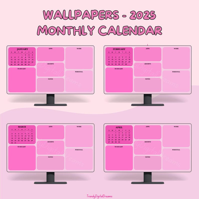 2025 Monthly Calendar ~ Pink Desktop Wallpaper Organizer Set With 30 ...