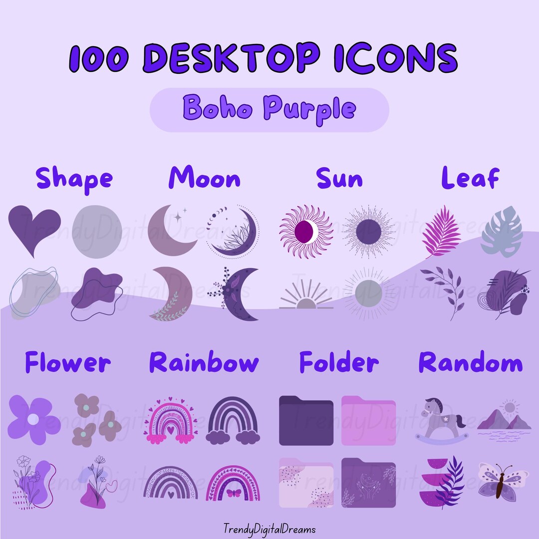 Boho Purple Desktop Icon Set, Rainbow, Leaf Computer Folder Icon, PNG ...