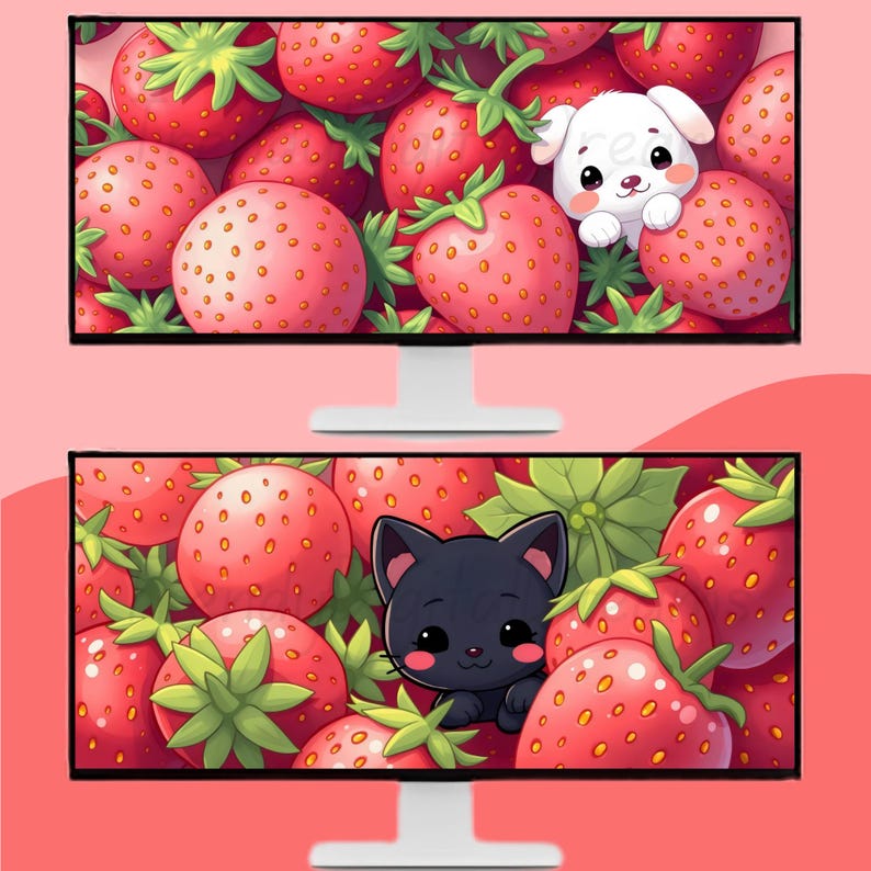 20 Ultrawide Kawaii Red Strawberry Wallpaper (21:9), Cute Desktop Wallpaper, Cozy Wide Screen PC ...