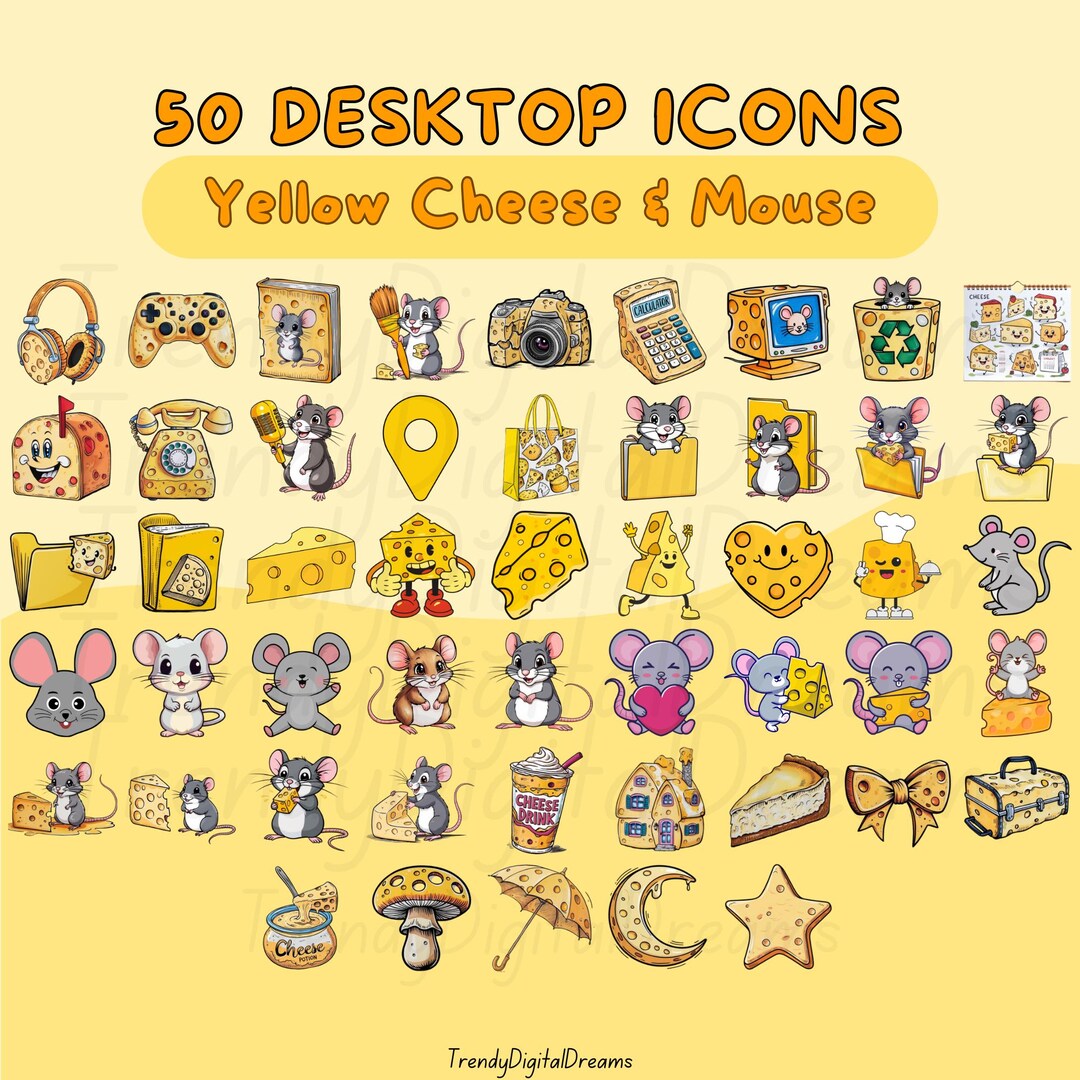 Yellow Cheese and Cute Mouse Desktop Icon Set, Cozy Computer Folder ...