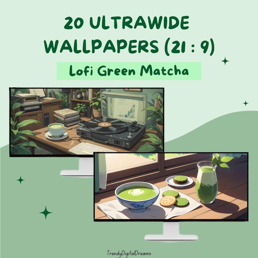 20 Ultrawide Lofi Green Matcha Wallpaper (21:9), HD Cat & Dog Desktop ...