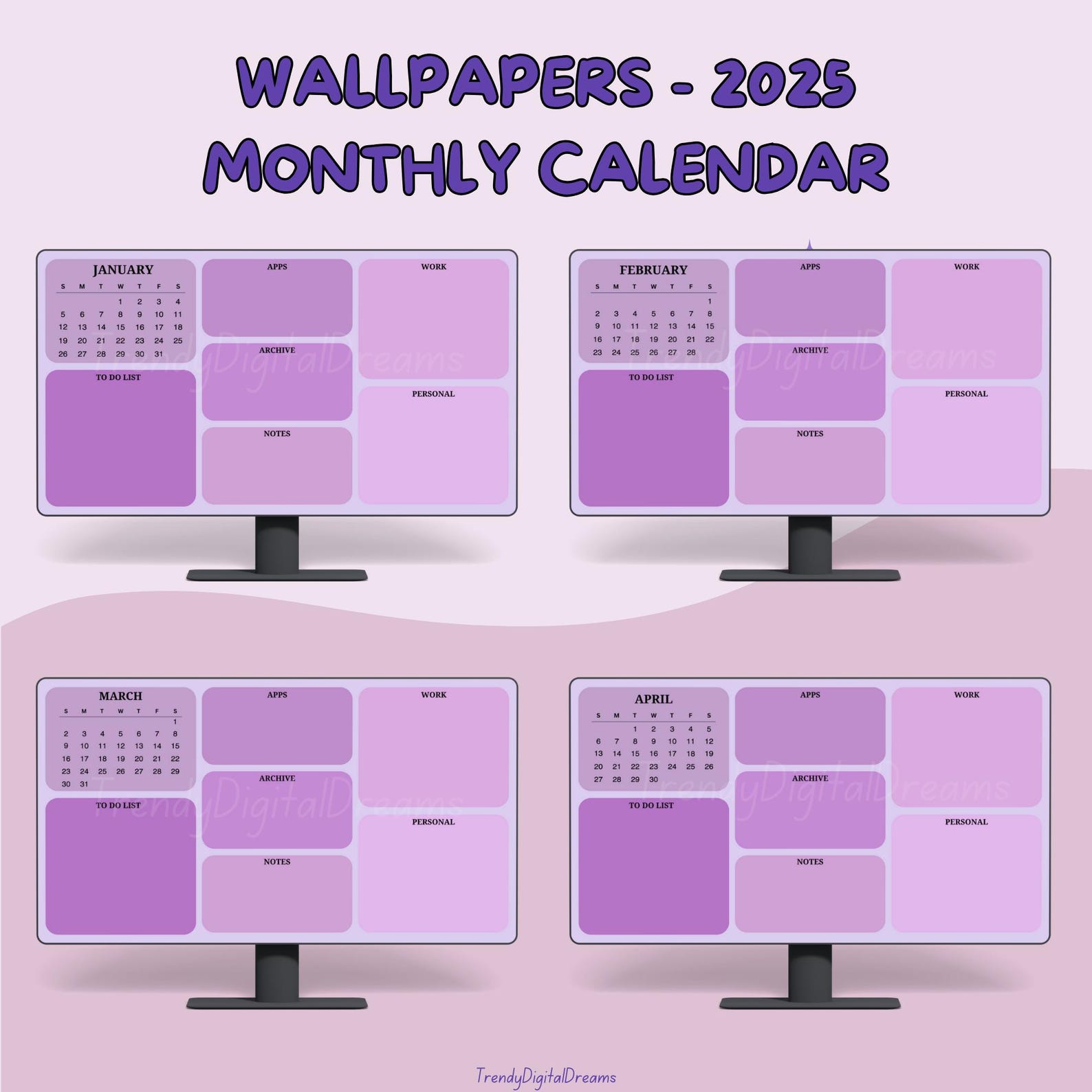2025 Monthly Calendar ~ Purple Desktop Wallpaper Organizer With 30 ...