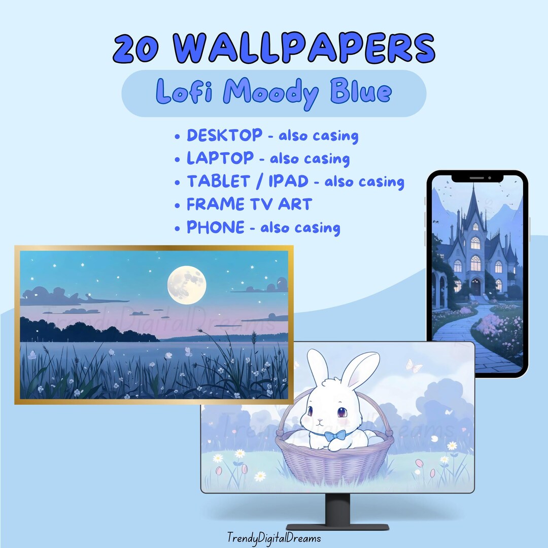 Lofi Moody Blue Desktop & Phone Wallpaper Bundle, Aesthetic Tablet and ...