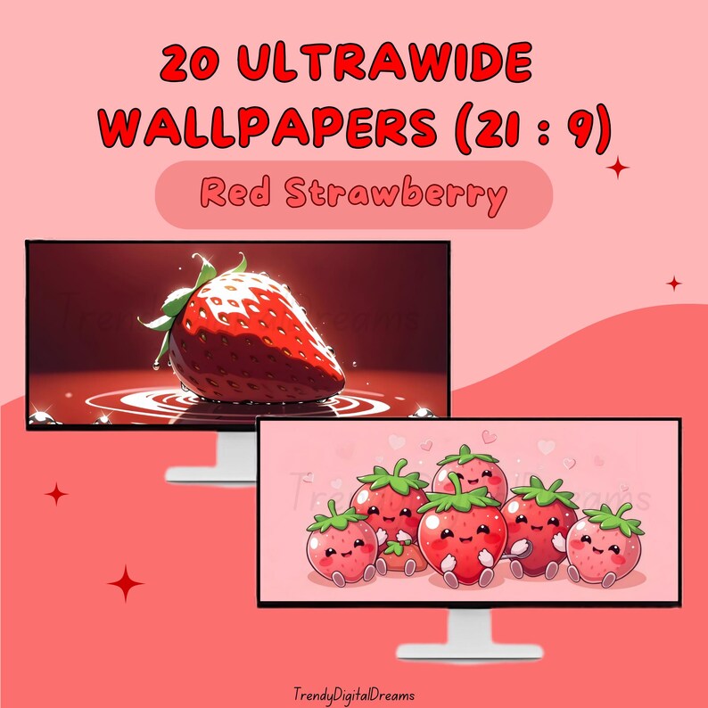 20 Ultrawide Kawaii Red Strawberry Wallpaper (21:9), Cute Desktop Wallpaper, Cozy Wide Screen PC ...