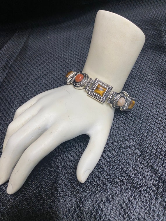 Vintage jewelry silver tone tige eye amethyst stone bracelet | Etsy