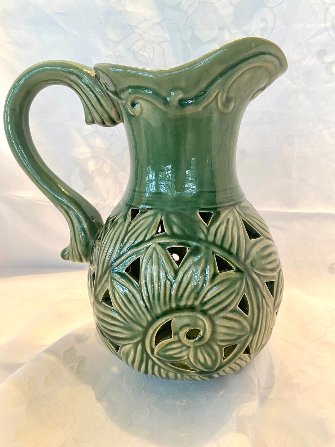 Vintage USA Pottery Green Cut Out Decorative Pitcher - Etsy