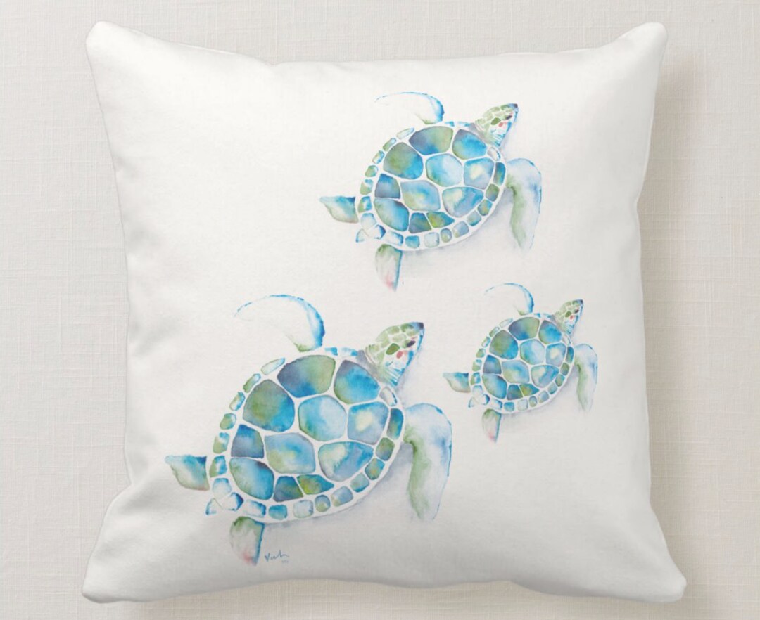 Watercolor Sea Turtle Throw Pillow in Shades of Greens Blues - Etsy