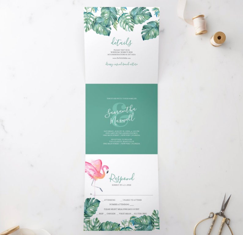 TRIFOLD WEDDING INVITATION, Tropical Florida Keys Pink Flamingo and ...