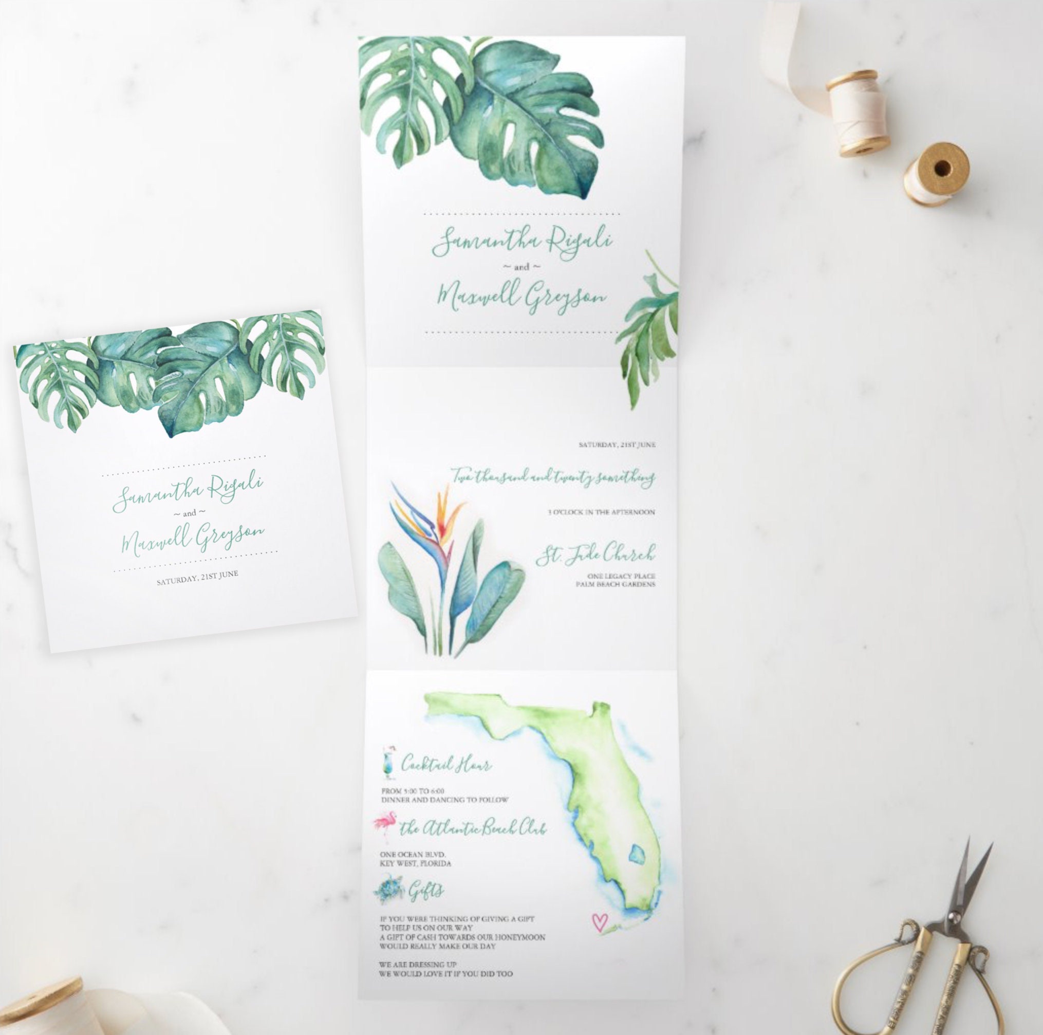 TRIFOLD WEDDING INVITATION, Tropical Florida Keys Map, Watercolor Bird ...
