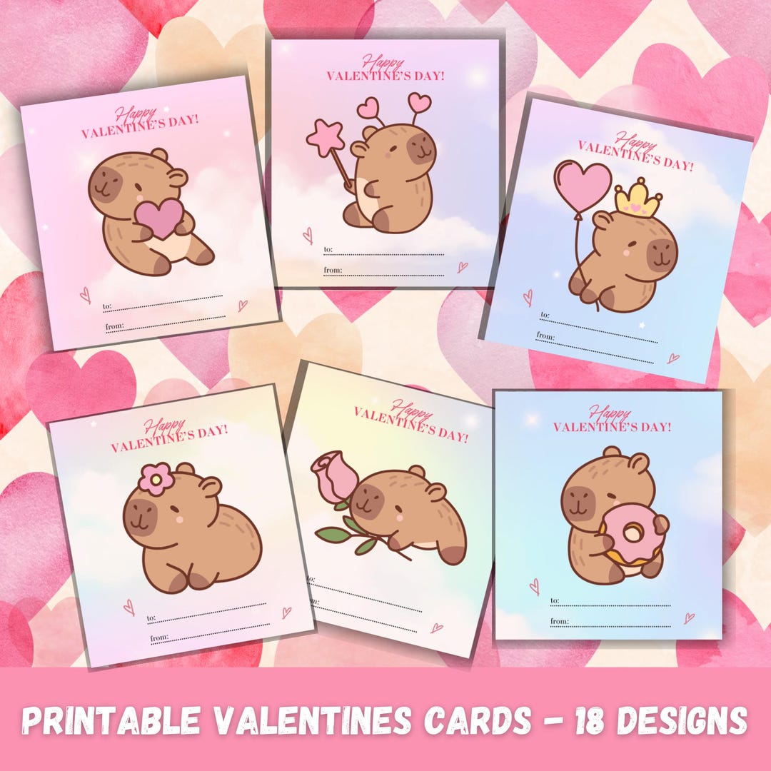 Printable Capybara Valentines Day Cards Cute Animal Cards for Kids 18 ...