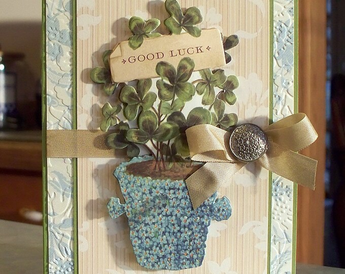 Good Luck Card Pot of Four Leaf Clovers Paper Tole St. - Etsy