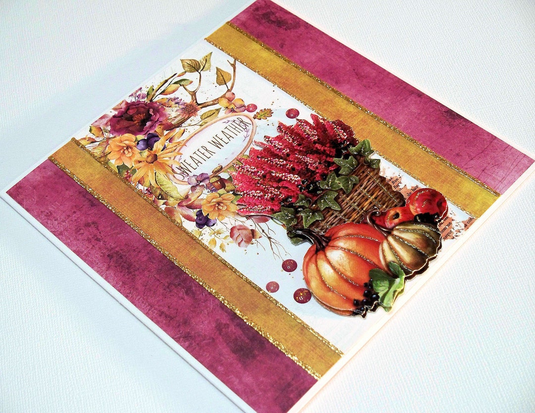 Handmade Autumn Themed Card Features Sweater Weather Phrase, 3D Basket ...
