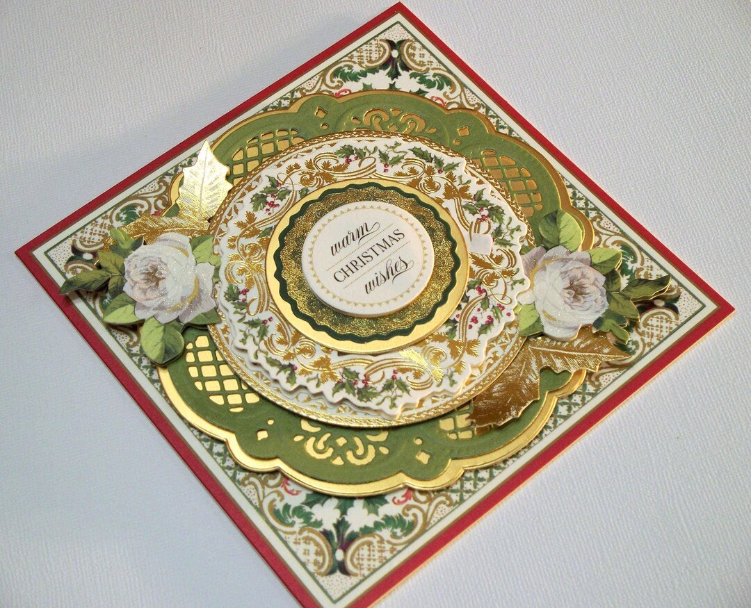 White Roses Christmas Card, Handmade Greeting Card, Roses, Gold and ...