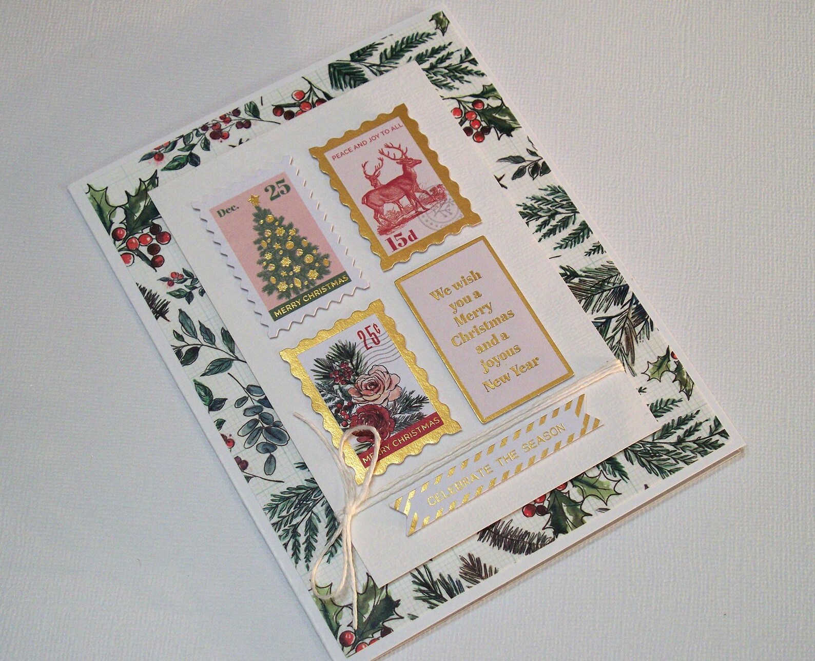Christmas Postage Stamps Card, Handmade Greeting Card Features Deer ...