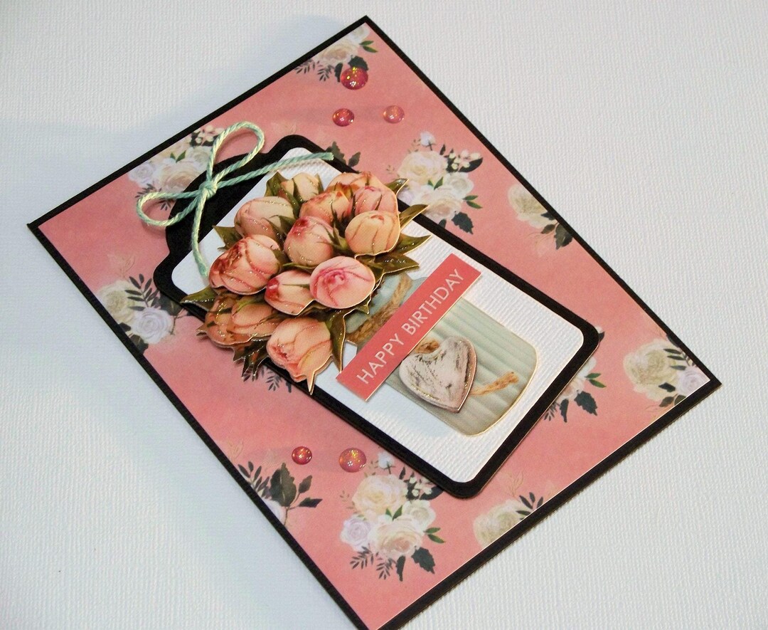 Decoupage Roses Birthday Card, Handmade Greeting Card With a Coral Rose ...