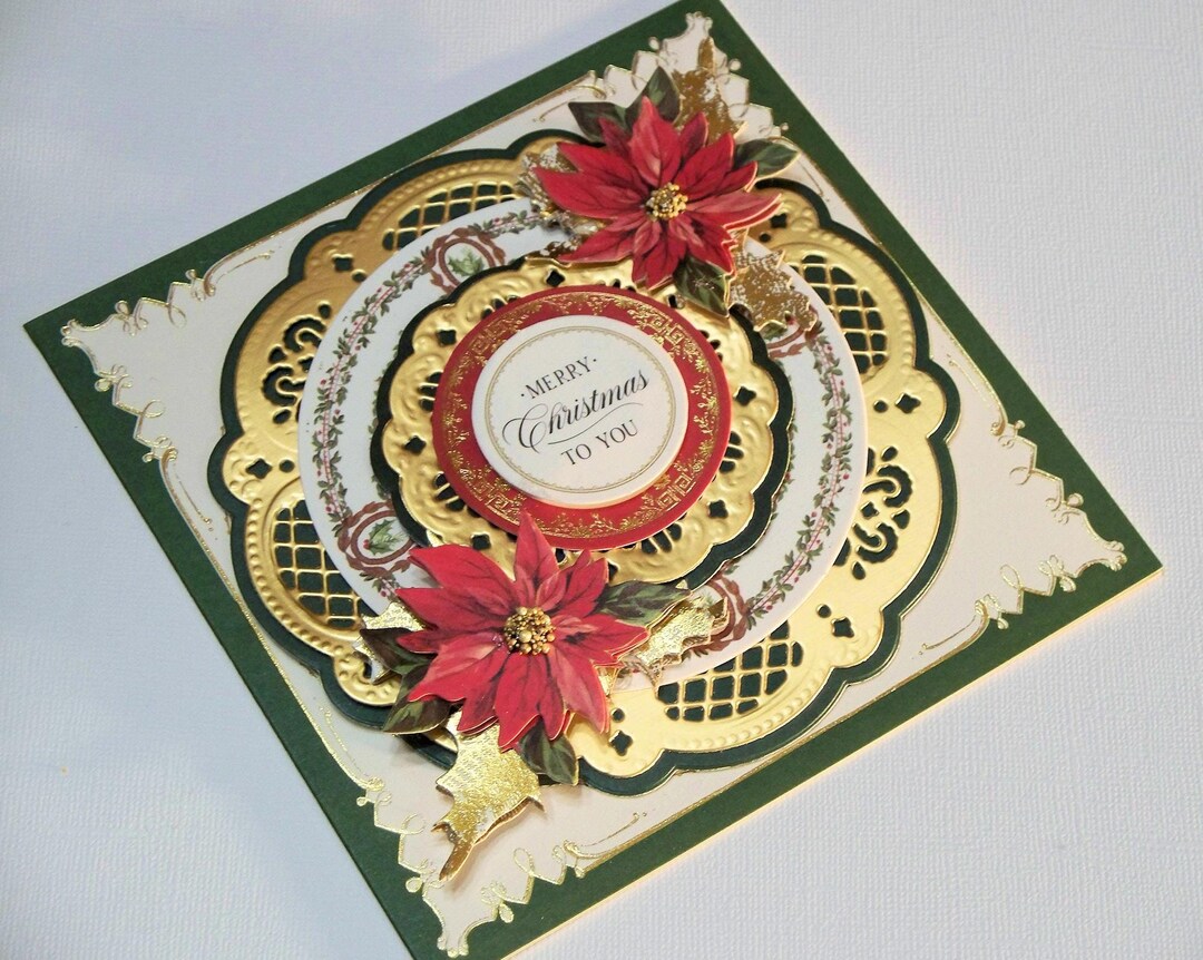 Red Poinsettias Christmas Card, Handmade Greeting Card, Gold & Green ...