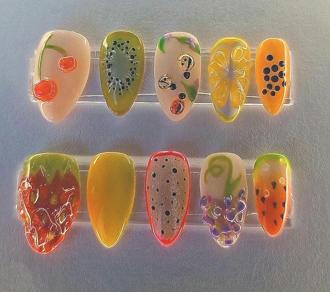 Fruit Nail Art. Gel Nails With Grapes Strawberries Mangoes Papaya ...