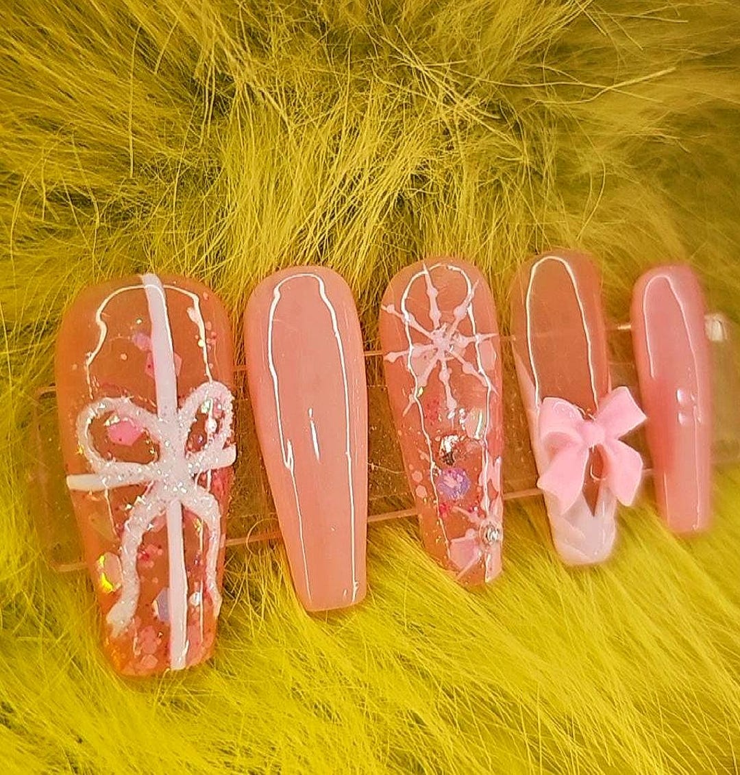 Pink Present Press on Nails, Glitter Bow Accent, 10pcs Glam Set - Etsy
