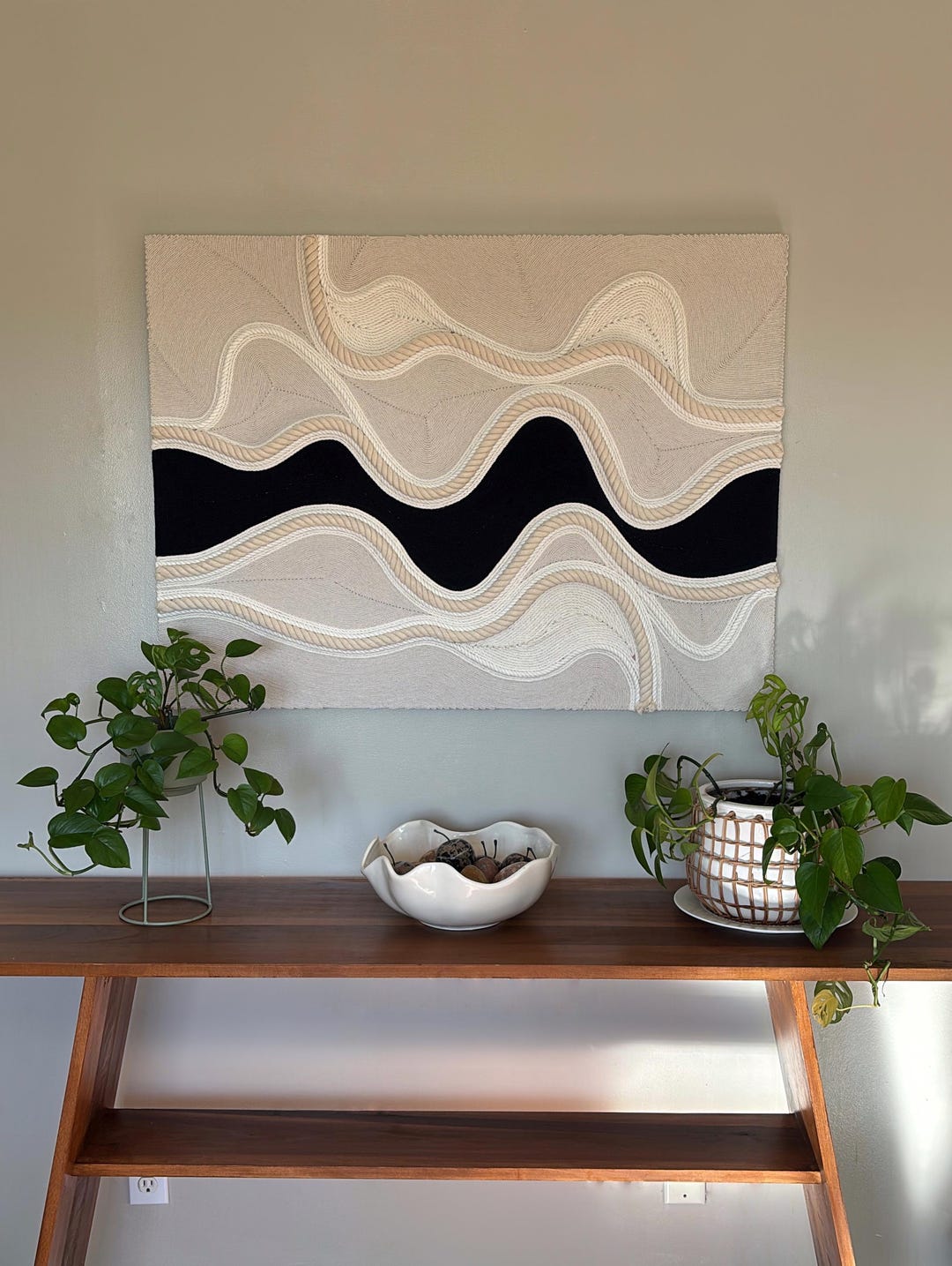 Large Textured Rope Wall Art | Modern Neutral Fiber Art | Black & Cream ...