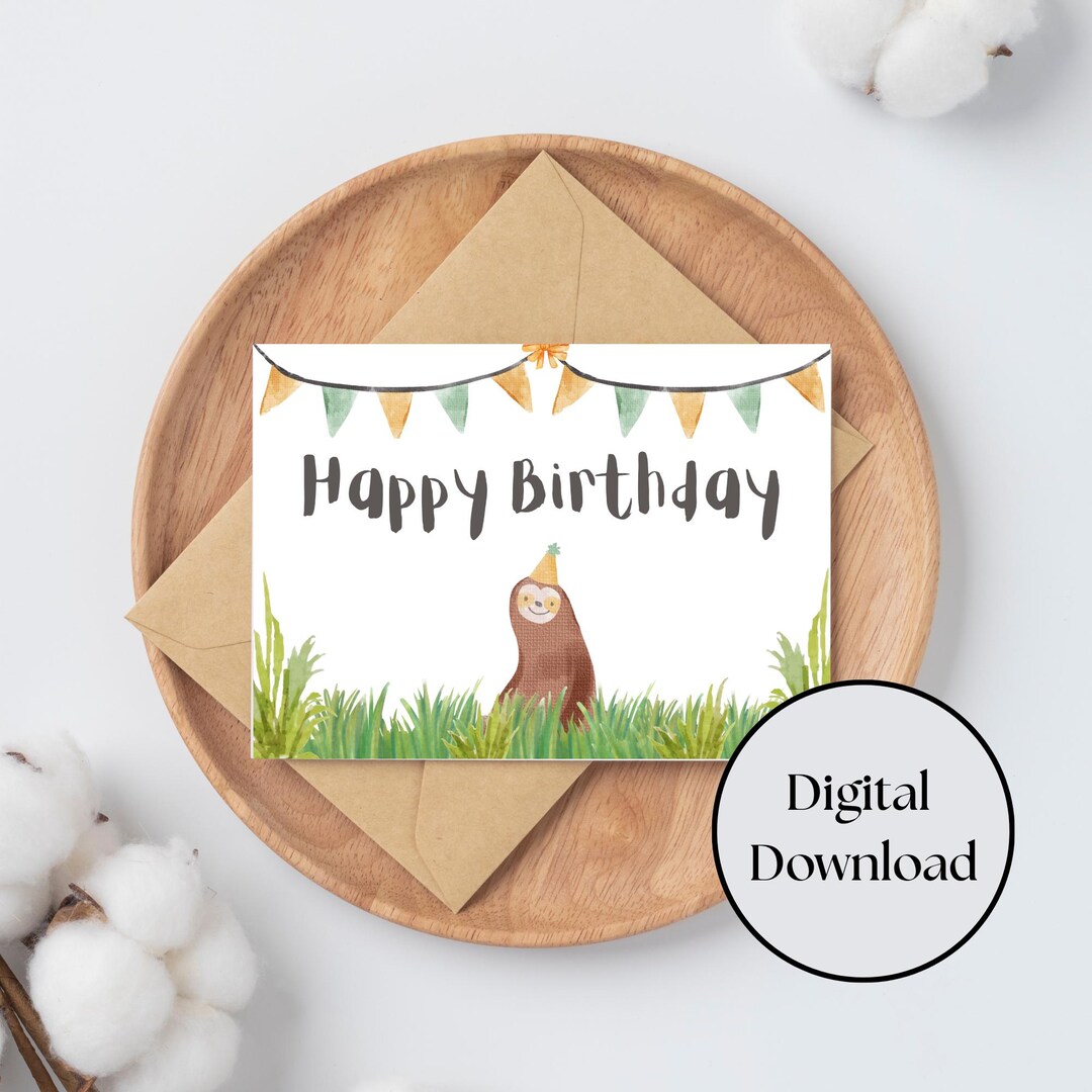 Kids Animal Themed Birthday Card (sloth) - Printable 5x7 Digital ...