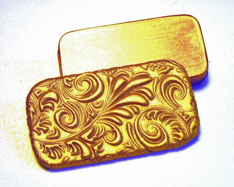 MINI SIZE Metal Slide Top Pill Box Gold Rococo Pattern Unique Handmade ...