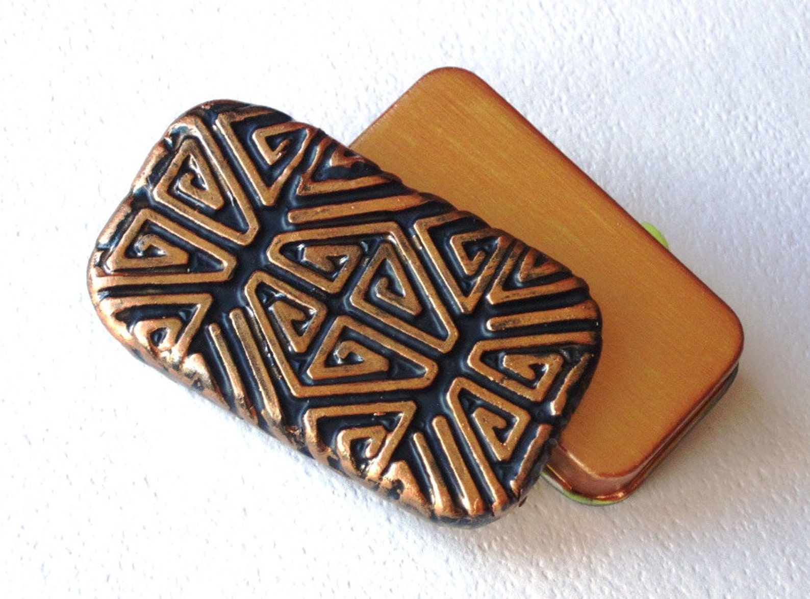 Aztec Pill Box Black and Gold Geometric Metal Slide Top Pill - Etsy