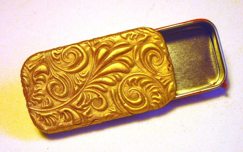 MINI SIZE Metal Slide Top Pill Box Gold Rococo Pattern Unique Handmade ...