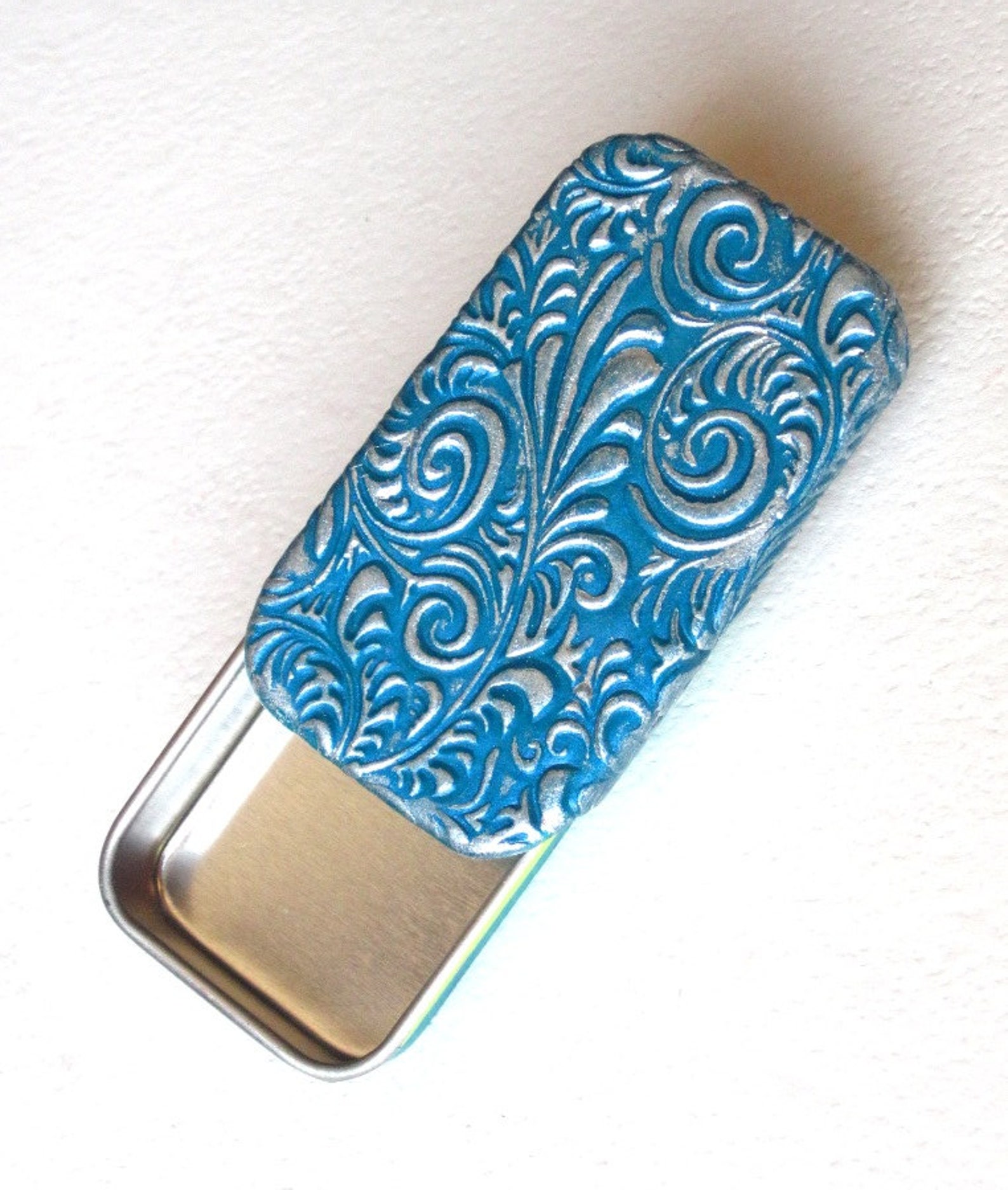 Pill Box Teal and Silver Rococo - Etsy