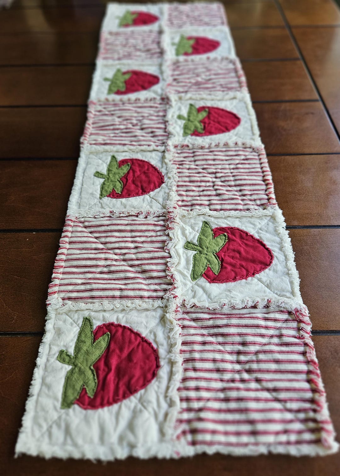 Strawberry Table Runner, Rag Quilt Table Runner, Spring Decor, Table ...
