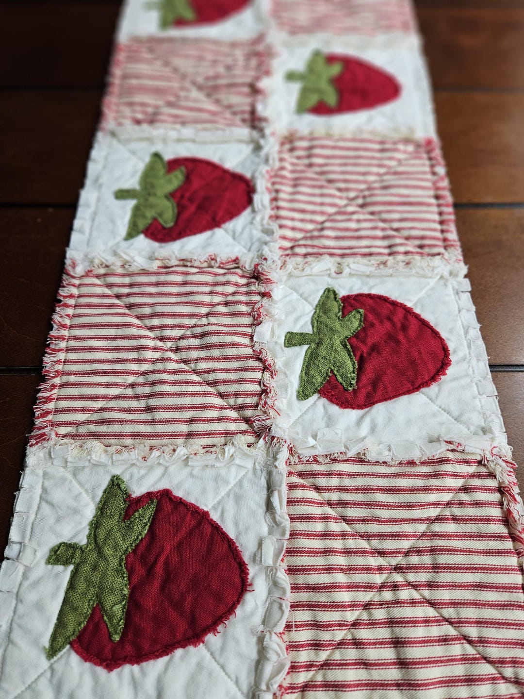 Strawberry Table Runner, Rag Quilt Table Runner, Spring Decor, Table ...