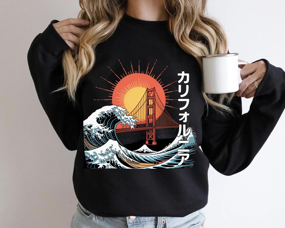 Golden Gate Bridge Sweatshirt: Japanese Wave Sunset, California Skyline ...
