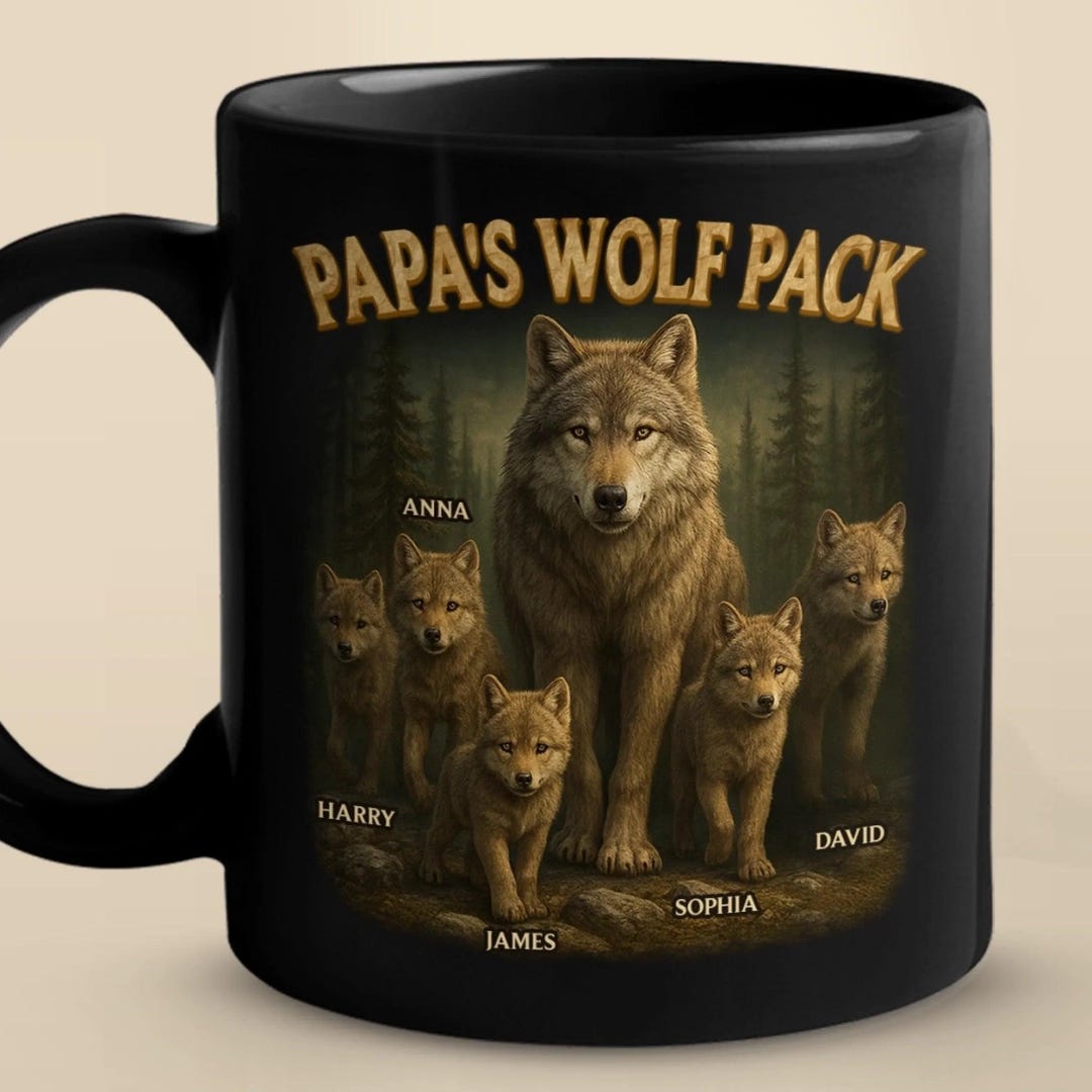 Personalized Papa's Wolf Pack Mug, Custom Wolf Dad Mug With Names ...